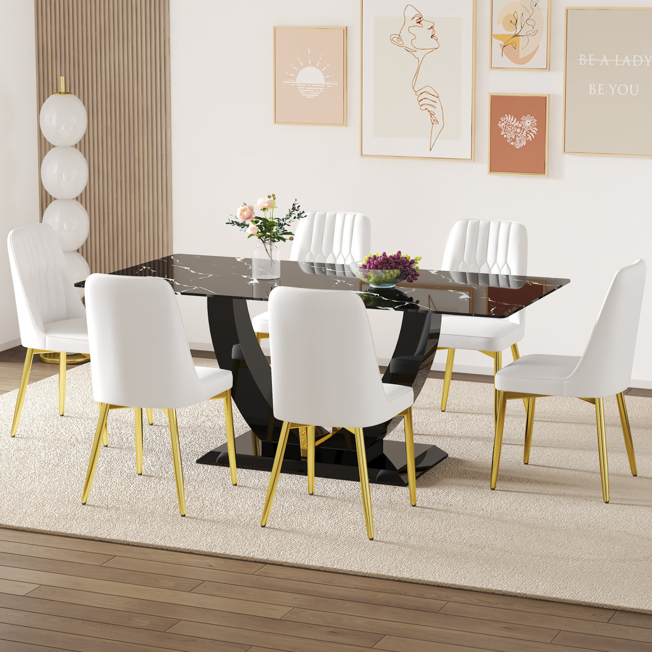 Everly Quinn Marble Pattern Tempered Glass Dining Set - 71"X35.4" With 8 PU Chairs With Simple ...